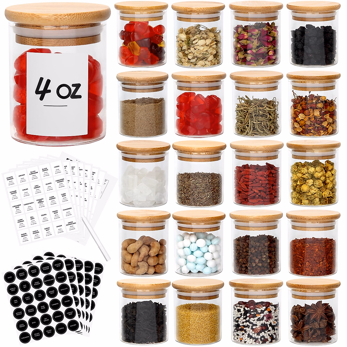 JuneHeart 4OZ Glass Spice Jars Set with Bamboo Lids and 194 Labels, 20 Pcs Clear Food Storage Containers for Pantry Kitchen Sugar Salt Coffee Tea Beans