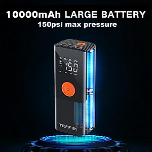 Teffim Tire Inflator Portable Air Compressor with Digital Pressure Gauge, 12V Smart Air Pump for Car Tires, Motorcycle, SUV, Electric Bike, Bicycle, Sports Balls with 10000mAh Battery & LED Light (1)