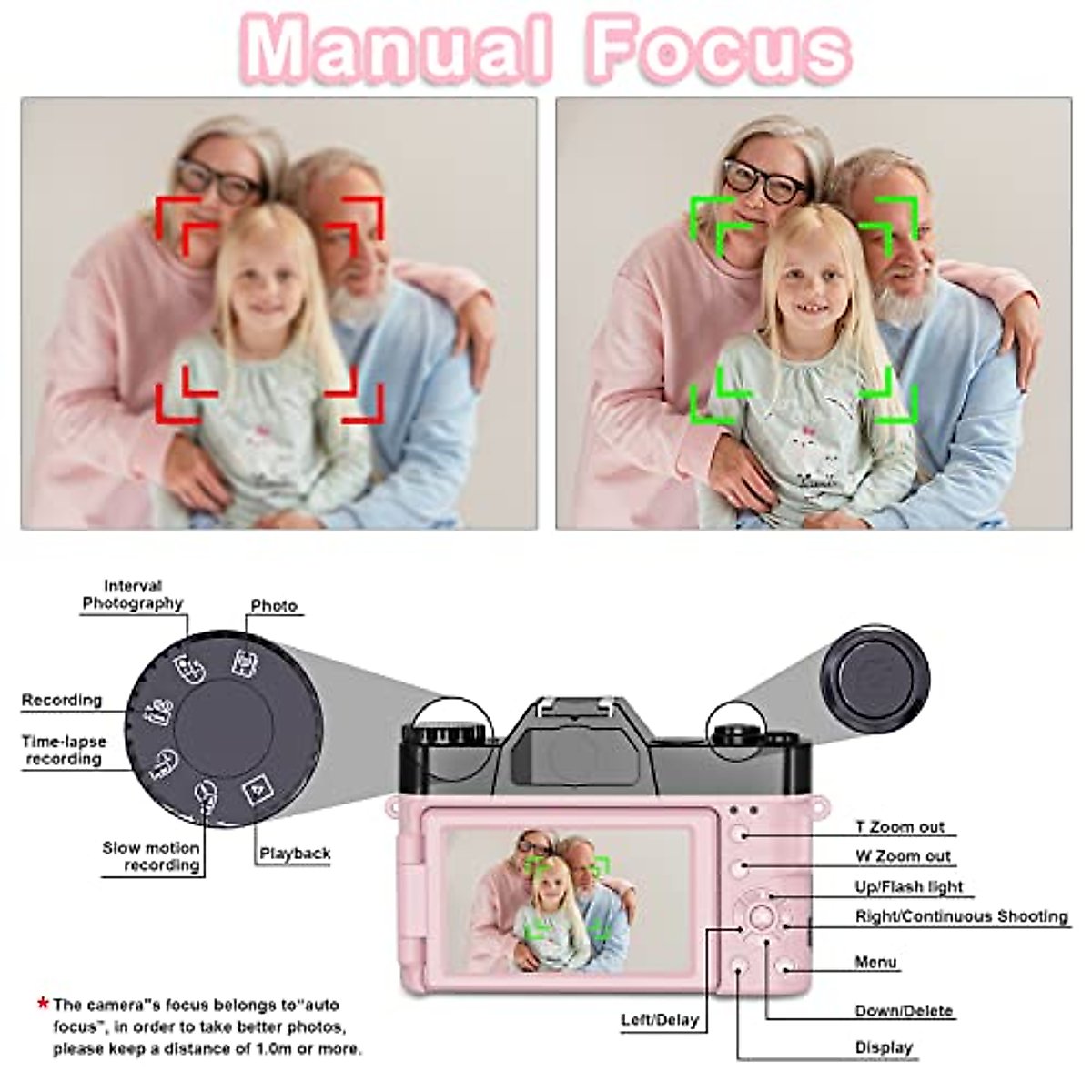 Digital Cameras for Photoggraphy, 4K Vlogging Camera for YouTube with Built-in Fill Light, 16X Digital Zoom, Manual Focus, 52mm Wide Angle Lens & Macro Lens, 32GB TF Card and 2 Batteries