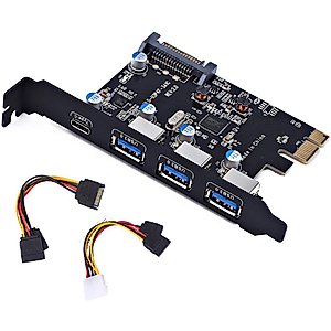 PCI Express(PCIe) to USB 3.0 Type C +Type A Expansion Card,PCI-E to USB Add-on Cards with 4 Ports USB 15 Pin SATA Power Connector for Desktop PC