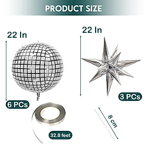 Inflatable Disco Ball Balloons Pack of 9-22” Silver Mylar Foil Disco Party Balloons with Star Balloons, Ribbon & Pipe for New Year's Disco Ball Decorations Party, Bachelorette, Birthday Décor