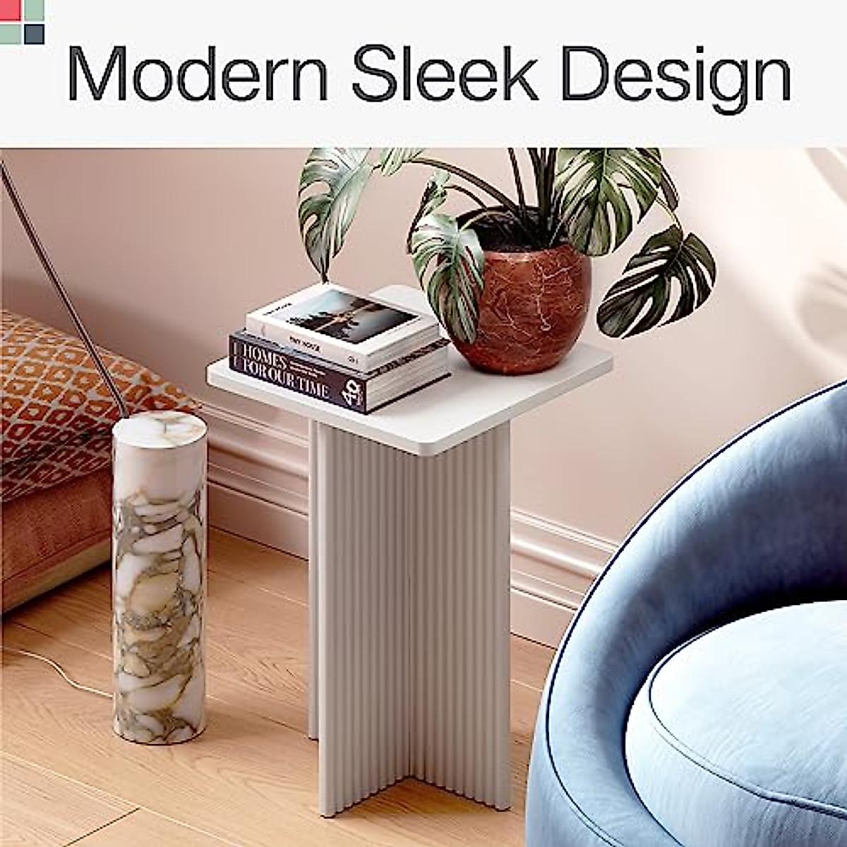 Square Fluted Accent Side Table - Drink Table - Living Room Furniture - Modern Home and Bedroom Decor - Pedestal Side Table with a Solid Oak Base (White)
