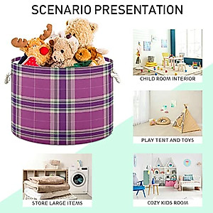 Kigai Purple Plaid Tartan Round Storage Basket, Toy Basket Bin with Cotton Rope Handle, Laundry Basket Hamper, Clothes Organizer 20 x 14 In