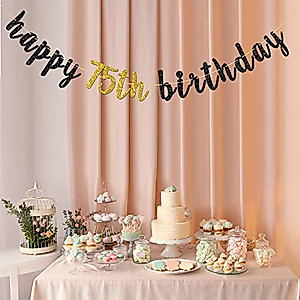 INNORU Happy 75th Birthday Banner, Black Glitter Cheers to 75 Years Party Bunting Decorations