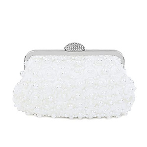 topfive Women Pearls Beaded Clutch Light Luxury White Wedding Pearls Purse Evening Handbag with Floral Texture