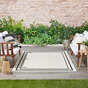 Nourison Essentials Indoor/Outdoor Ivory/Black 5' x 7' AreaRug, EasyCleaning, Non Shedding, Bed Room, Living Room, Dining Room, Backyard, Deck, Patio (5x7)