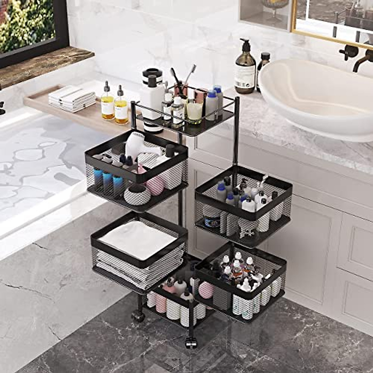 xinyourui Rotating Kitchen Storage Shelves Rack，Bathroom Organizer Metal Shelf，Fruit Basket for Kitchen，Rolling Cart with Wheels，Spice Drawer Organizer(Black, 5 Tier-Square)