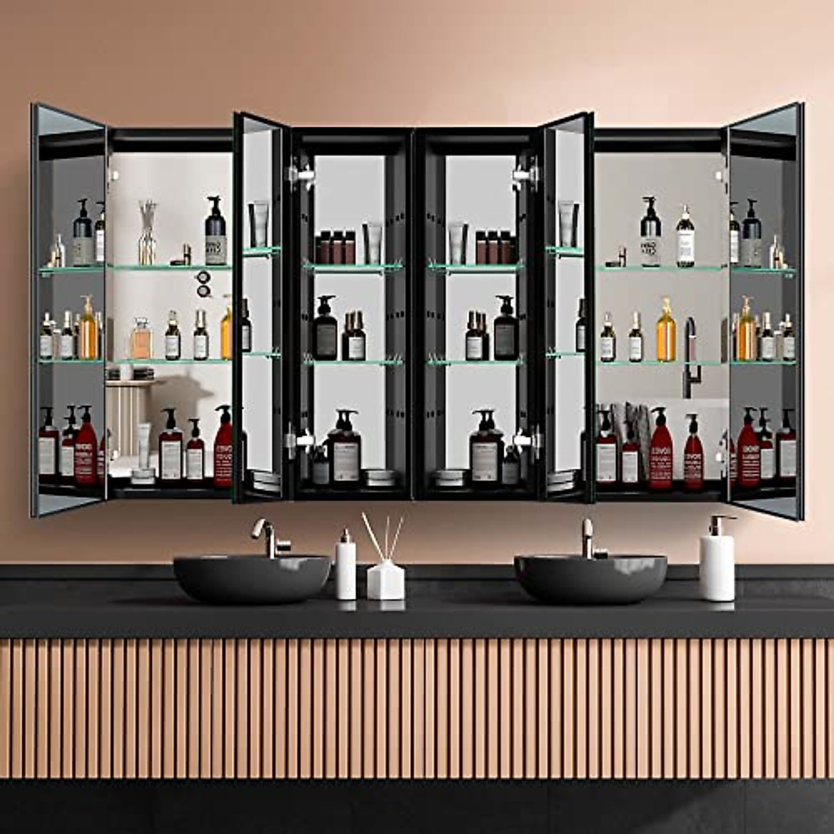 OgonbrickMedicine Cabinets 60 X 30 LED Lighted Bathroom Medicine Cabinet Four Doors Surface Wall Mounted with Anti-fogger 3 Color Lights Dimmable Brightness Big Modern Medicine Cabinet Black