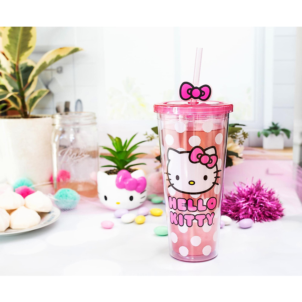 Silver Buffalo Sanrio Hello Kitty Face Carnival Cup With Lid and Topper Straw | Holds 24 Ounces