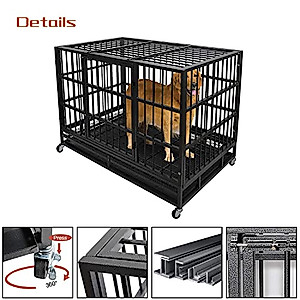 Otaid 48 Inch Heavy Duty Dog Crate Cage Kennel with Wheels, High Anxiety Indestructible Dog Crate, Sturdy Locks Design, Double Door and Removable Tray Design, Extra Large XL XXL Dog Crate