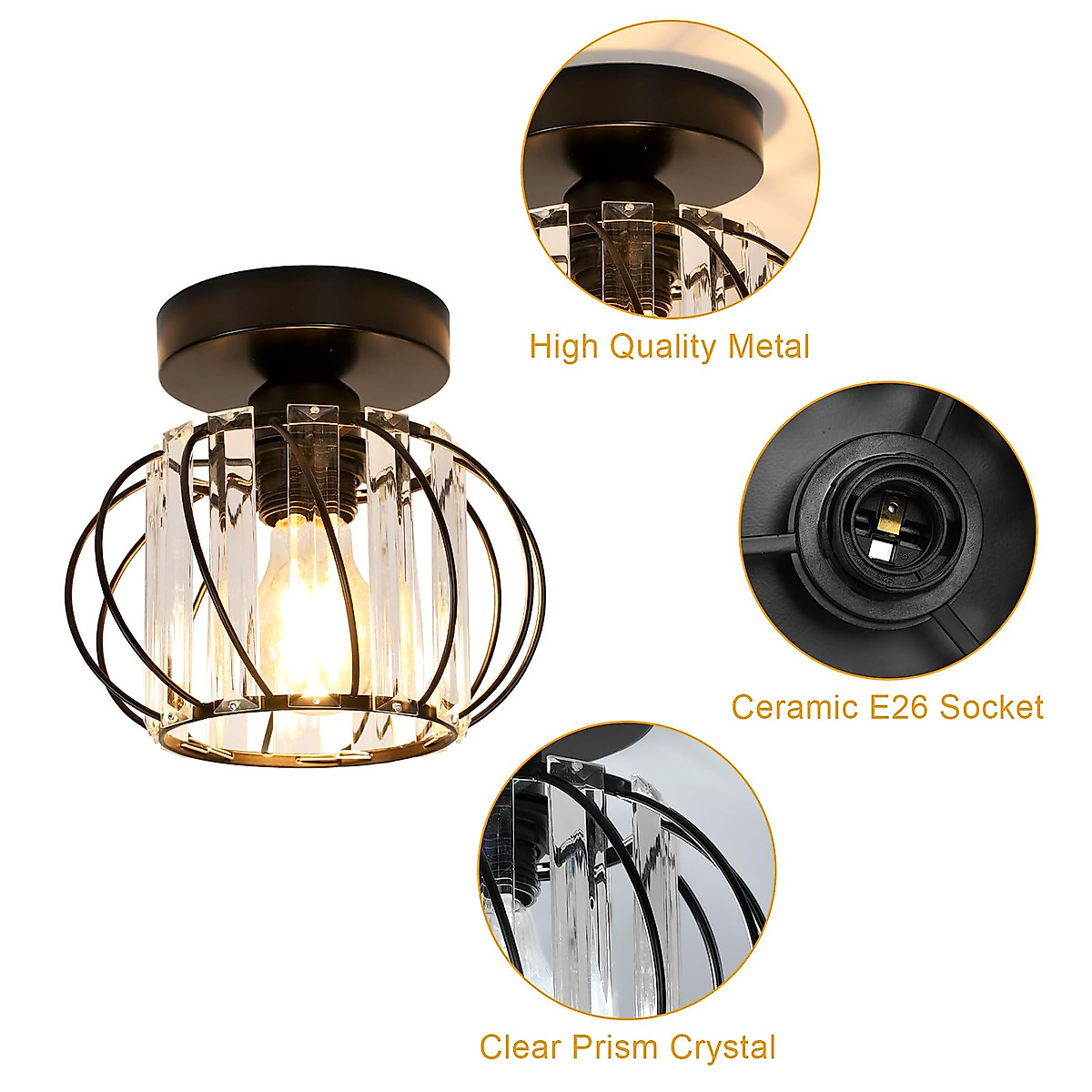 DELIPOP Semi Flush Mount Ceiling Light, Dimmable Small Metal Cage Hallway Light Fixtures Ceiling Lamps, Farmhouse Ceiling Light Fixture, Industrial Crystal Chandelier for Corridor Bathroom Kitchen