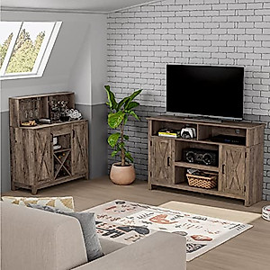 HOSTACK Wine Bar Cabinet for Liquor and Glasses, Barn Doors Wine Cabinet with Adjustable Storage Shelves, Wooden Sideboard Buffet Storage Cabinet for Kitchen, Dining Room, Farmhouse Ash Grey