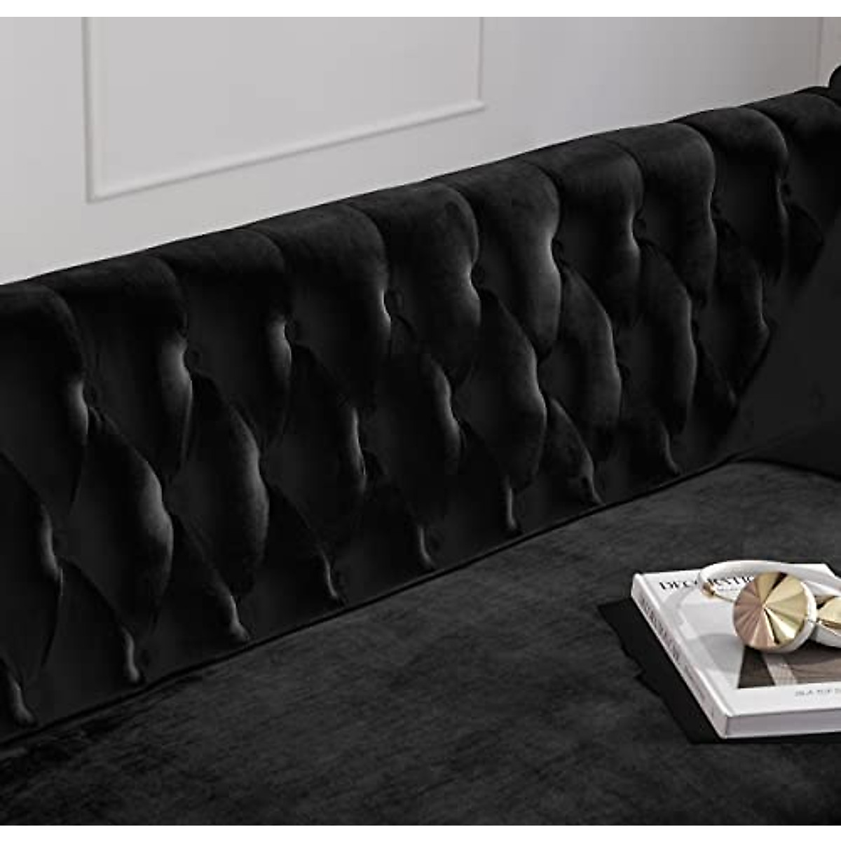 EMKK Small Velvet 2-Seater Couch with Pillows, Loveseat Accent Sofa, Living Room Sofá with Tufted Backrest, Black
