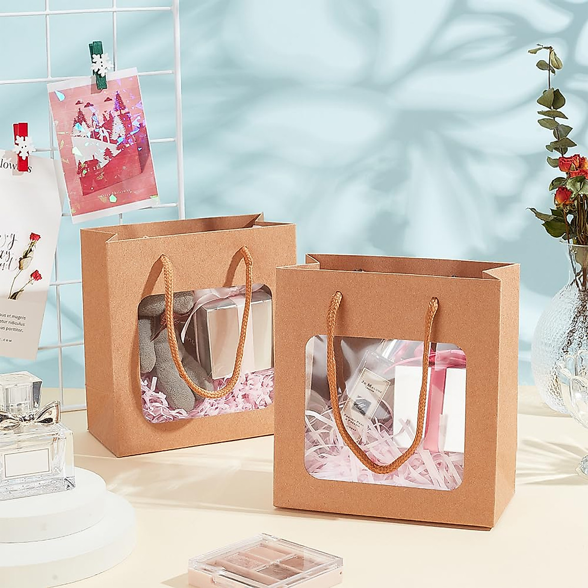 BENECREAT 50pcs Gift Bags with Transparent Window, Kraft Paper Shopping Bags with Handle for Birthday Wedding Party Florist Christmas Packing, 5.8x5.5x2.8