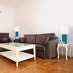 Elegant Designs LC2000-TEL-2PK 2 Pack Modern Leather Table Lamps with White Fabric Shades, Teal