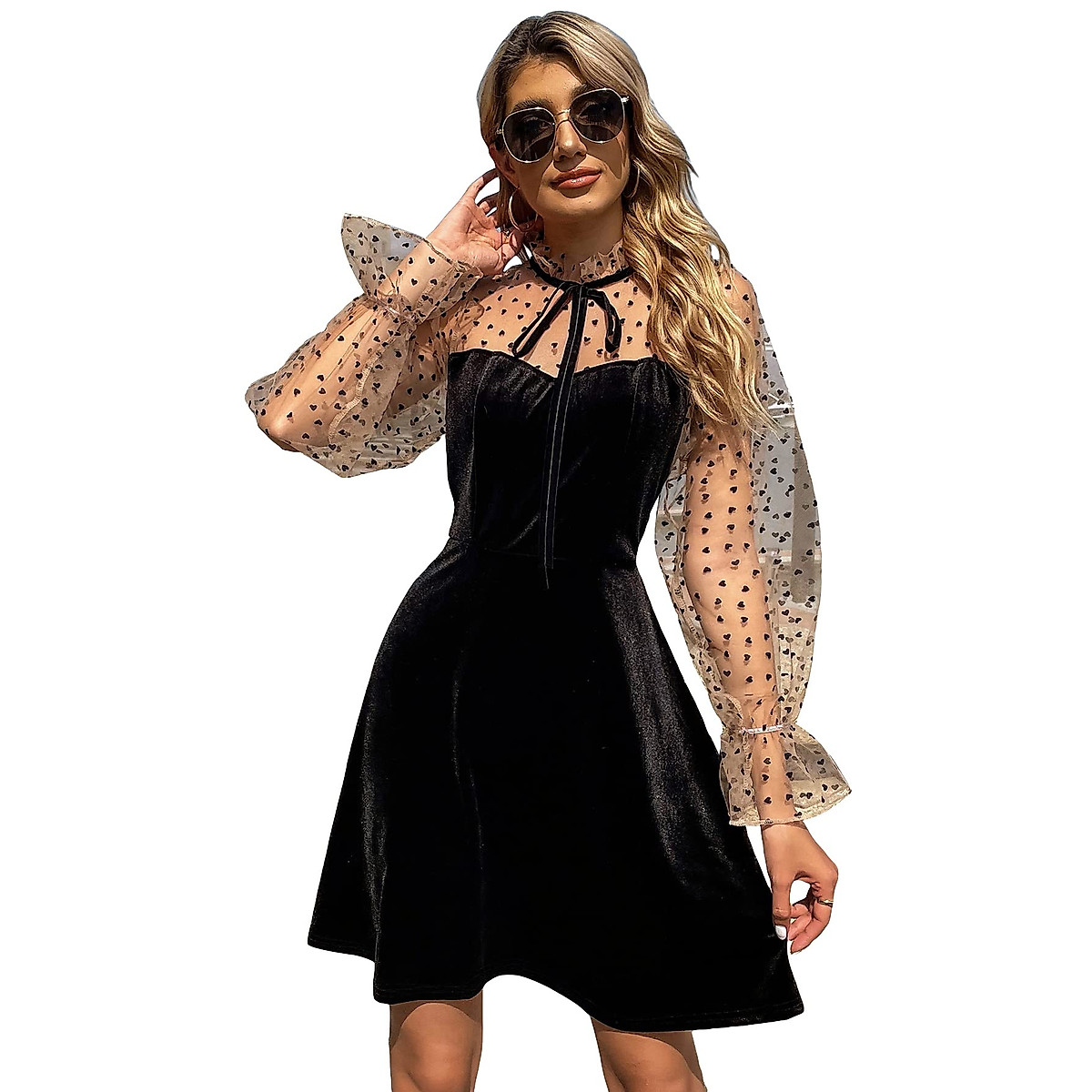 WDIRARA Women's Heart Print Tie Neck Mesh Flounce Long Sleeve A Line Dress Black M