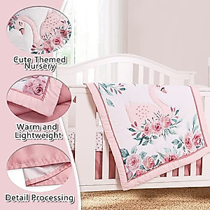 Honkaii Swan Crib Bedding Set for Girls 3pcs, Crib Sheet, Crib Skirt, Crib Quilt Included, Pink Crib Sets