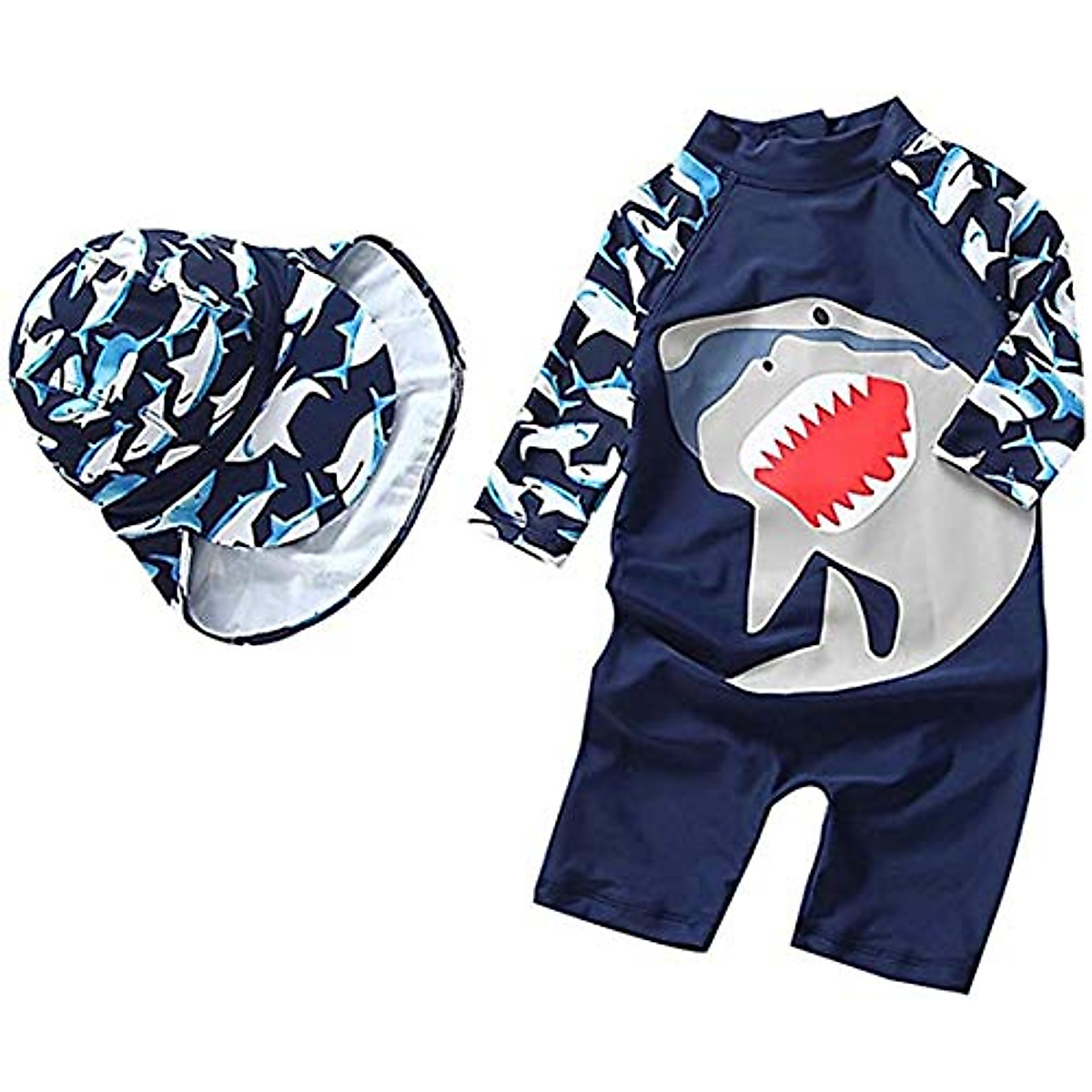 BAOPTEIL Baby/Toddler Boys Swimsuit One Piece Kids Zipper Bathing Suit Swimwear with Sun Hat Rash Guard Surfing Suit UPF 50+ (Ferocious Shark, 9-18 Months)