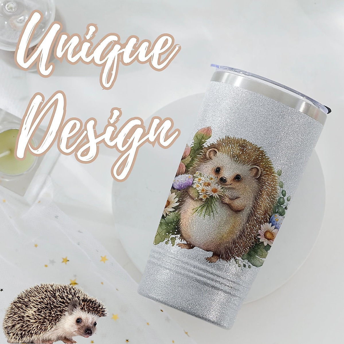Onebttl Hedgehog Gifts for Women/Men, Unique 20oz Hedgehog Glitter Tumbler with Lid and Straw, Hedgehog Lover Gifts for Birthday, Christmas