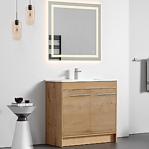 Dowell Oak Natural Bathroom Vanity with Ceramic Sink Combo, Modern Bathroom Cabinet with Soft-Close Door, Freestanding Single Bathroom Vanity Set (36 Inch)