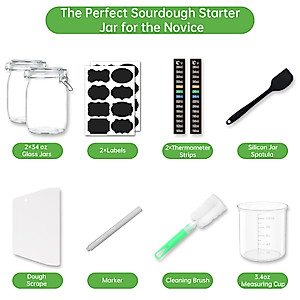 Sourdough Starter Jar Kit 2 Pack, 34 oz. Wide Mouth Sourdough Starter Kit for Sourdough Bread Baking Supplies, Reusable Glass Jars for Sour dough Starter with Thermometer, Silicone Jar Spatula, Labels