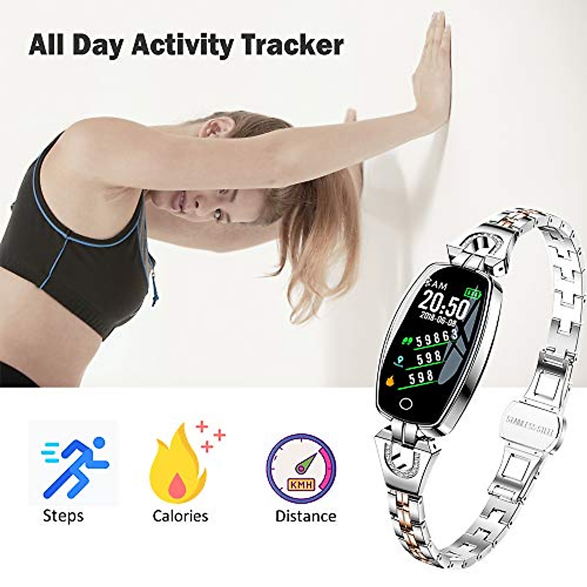 Exquisite Smart Watch, Fitness Tracker with Blood Pressure/Heart Rate/Sleep Monitor for Women, Silver