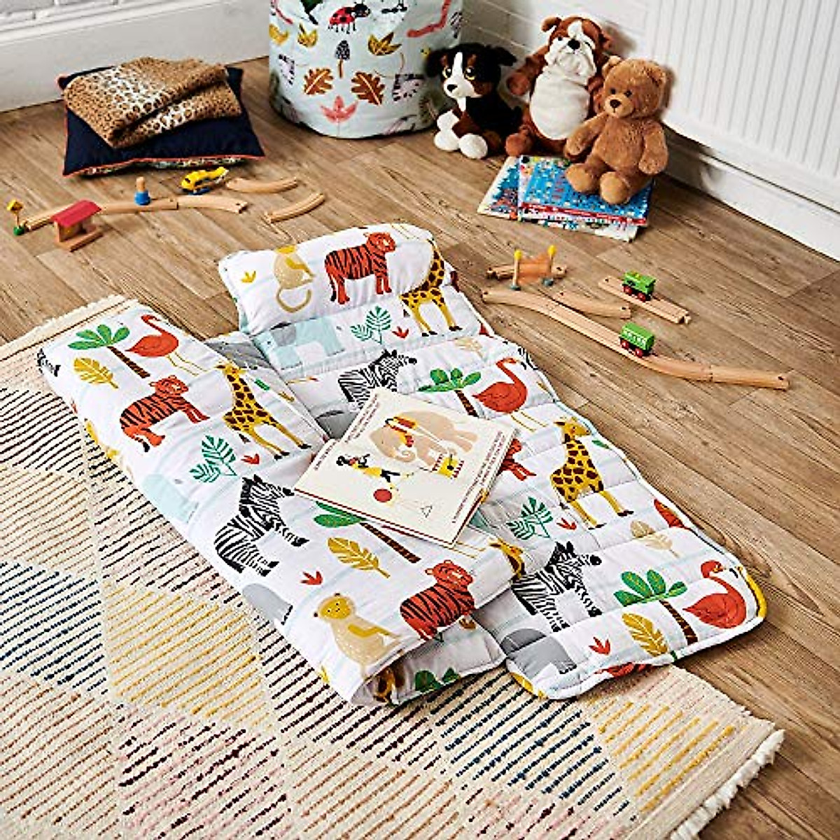 Bloomsbury Mill - Safari Adventure - Jungle Animals - Super Soft Toddler Nap Mat - includes Pillow, Mat and Blanket - Ideal Gift & Sleep Bag for Kindergarten and Pre-School - 20" x 53"