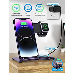 3 in 1 Charging Station Apple Purple - Mlfsaier 𝐀𝐥𝐮𝐦𝐢𝐧𝐮𝐦 𝐀𝐥𝐥𝐨𝐲 Multiple Fast Wireless Charger Stand for Apple Watch & Airpods iPhone 15 14 13 12 11 Pro X Max XS XR 8 7 Plus Nightstand