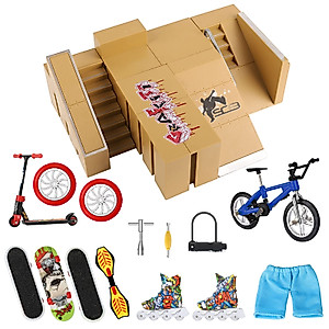 HOMETALL 8Pcs Fingerboard Skatepark Ramps with 9Pcs Mini Toys Set Including Fingerboards, Bike, Scooters, Skate Park for Kids Gift