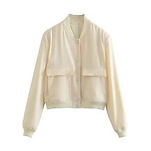 Lumister Women's Fashion Cropped Button Down Lightweight Cropped Bomber Jacket Varsity Shacket with Side Pockets(0605-Beige-M)