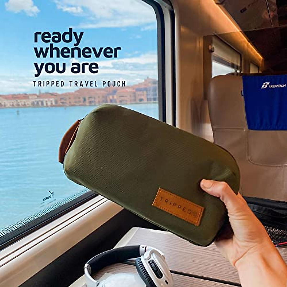 Tech Bag Organizer - Small Electronics Organizer Pouch for Travel - Premium Travel Case with Leather Accents - Mesh Pocket for Cables, Cords and Chargers - TRIPPED Travel Gear (Green)