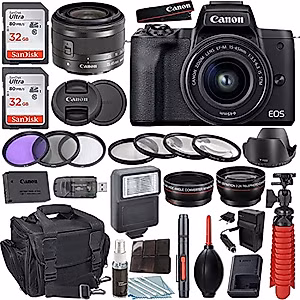 Camera Bundle for Canon EOS M50 Mark II Mirrorless Camera Black with EF-M 15-45mm F/3.5-6.3 is STM Lens + Accessories Pack (64GB, Gadget Case, Flash, and More) (Renewed)