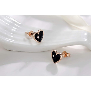 Qings Rose Gold Black Heart Stud Earrings 925 Sterling Silver Exquisite Sparkling Star Cubic Zircon as Birthday Gift for Women