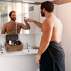 Personalized Leather Toiletry Bag For Men with Hook, Groomsmen Gifts Travel Bag Laser Engraved Name Monogram Leather Gift Anniversary Gift For Him Husband Father Leather Dopp Kit with Side Handle