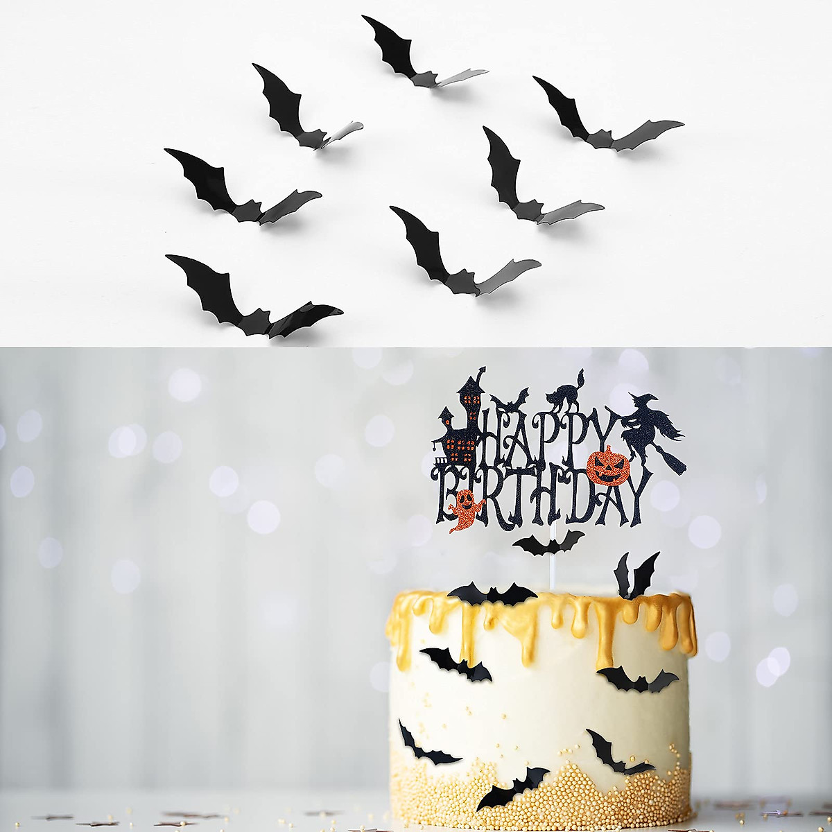 Halloween Happy Birthday Witch Cake Topper with 30 Pieces 3D Bats Cake Decoration Black Glittery Halloween Pumpkin Cake Topper Ghost Cake Picks for Birthday Halloween Party Supplies