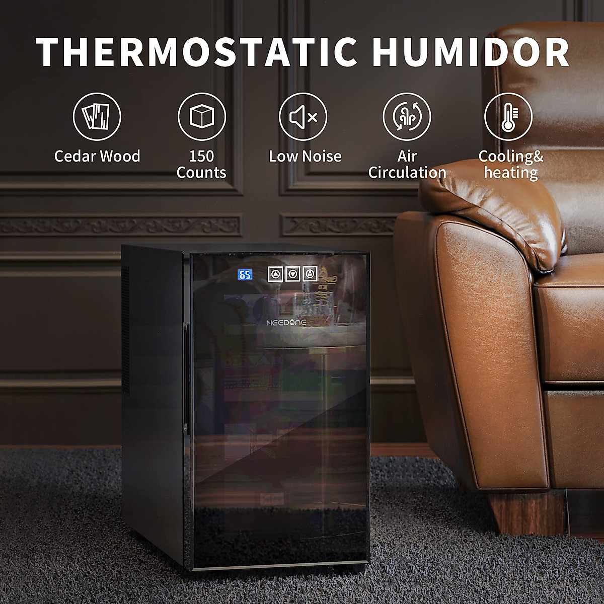 NEEDONE Humidor 23L with Cooling and Heating Temperature Control System, Electric Cooler for 150 Counts with Digital Hygrometer, Made with Spanish Cedar Wood, Gift for Men, 3 Layers