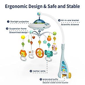 Eners Baby Crib Mobile with Music and Lights, Mobile for Crib with Remote Control, Rotation, Moon and Star Projection, Baby Crib Toys for Boys Girls (Blue)