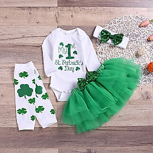 XFGLCK Newborn Baby Girls My 1st St.Patrick's Day Outfit Shamrock Rompers+ Tutu Tulle Skirt + Headband Outfits Set (Green, 0-3 Months)