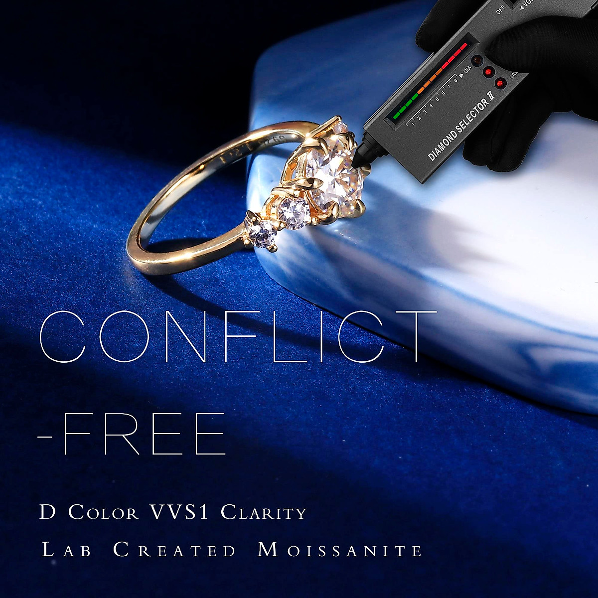 MOOSEA Round 5 Stone Moissanite Anniversary Rings for Women, 1.2CT D Color VVS1 Clarity Lab Created Moissanite Ring 14K Yellow Gold Vermeil Moissanite Engagement Rings for Women Promise Rings