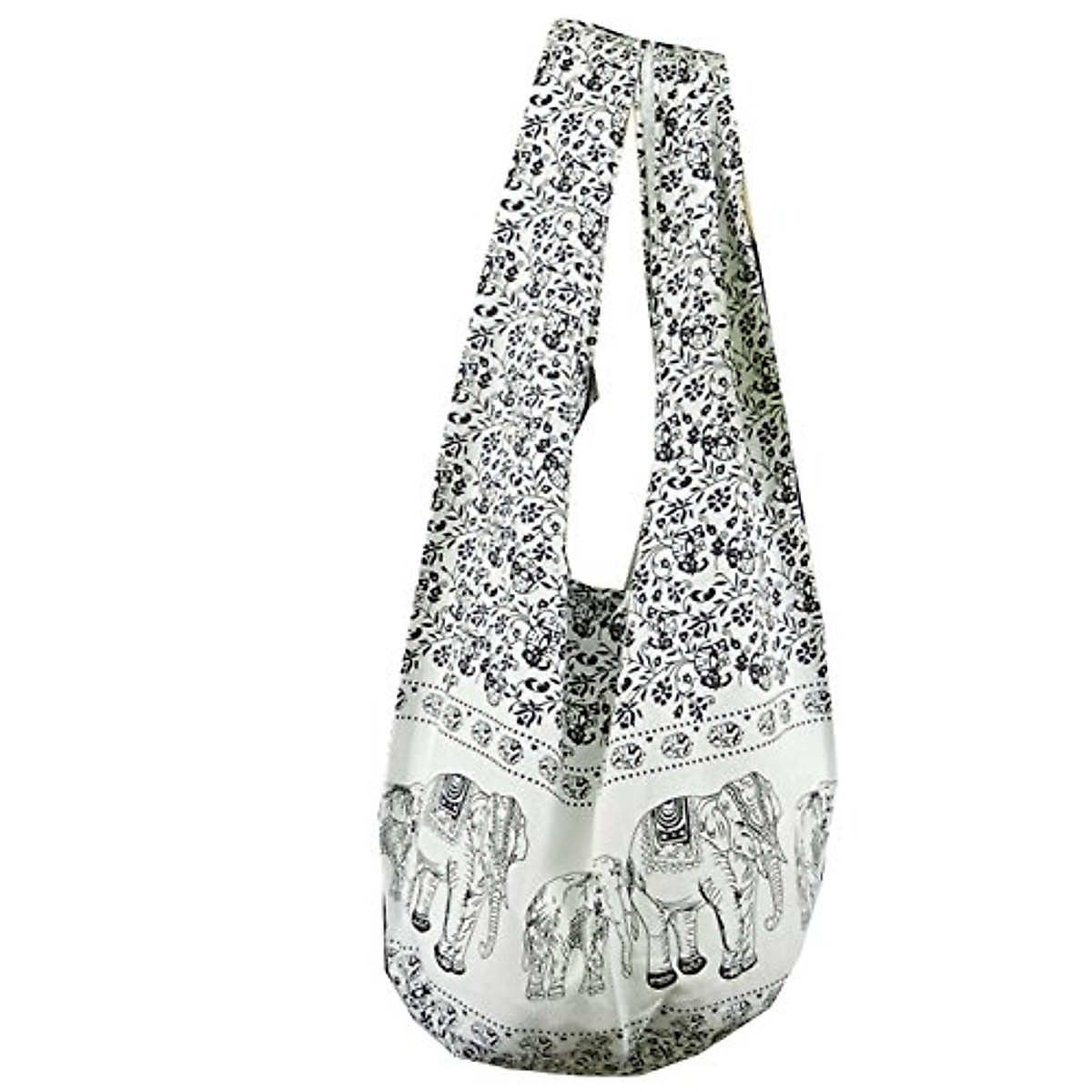 BTP! Elephant Floral Print Sling Crossbody Shoulder Bag Purse Hippie Hobo Thai Cotton Gypsy Bohemian Large (White YI-8)