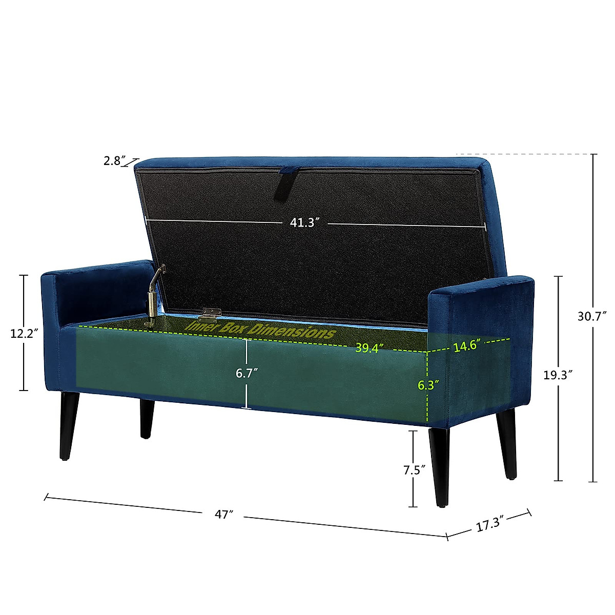 OuchTek 47" Velvet Storage Bench for Bedroom End of Bed Tufted Upholstered Storage Ottoman Bench Modern Long Storage Benches with Seating and 2 Pillows for Foot of Bed Navy Blue