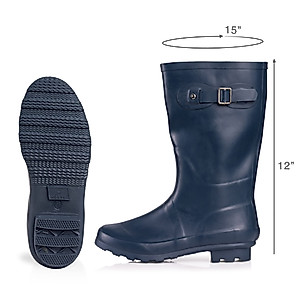 NORTY Women's Hurricane Rain Boots - Mid-Calf Length - Glossy Matte Waterproof Rubber Shoes - Matte Navy Size 9