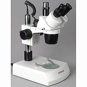 AmScope SW-2T24 Trinocular Stereo Microscope, WH10x Eyepieces, 20X/40X Magnification, 2X/4X Objective, Upper and Lower Halogen Lighting, Pillar Stand, 110V-120V