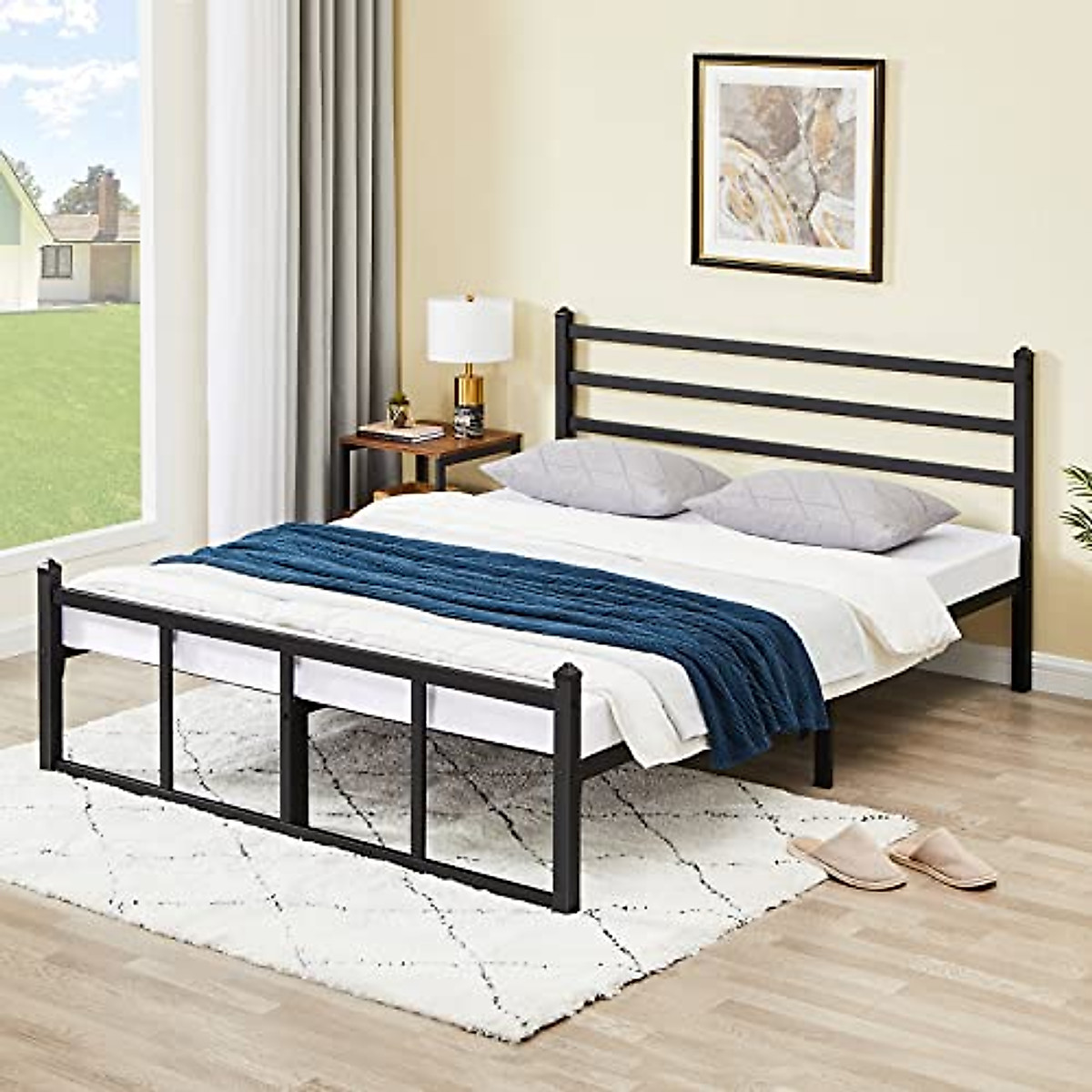 GreenForest Queen Bed Frame with Headboard Heavy Duty Metal Platform Mattress Foundation with Square Slats Support No Box Spring Needed, Black