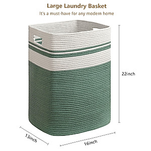 joybest Cotton Laundry Hamper, Large Woven Rope Basket with Handles for Living Room and Bedroom, Stylish Storage Basket for Clothes, Toys, and Blankets - 22x16x13 Inches Green