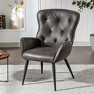BFZ Faux Leather Accent Chair with High Back Design, Armchair with Metal Legs in Modern Style, Comfy Upholstered Wingback Chair for Living Room, Bedroom, and Office(Black Grey)