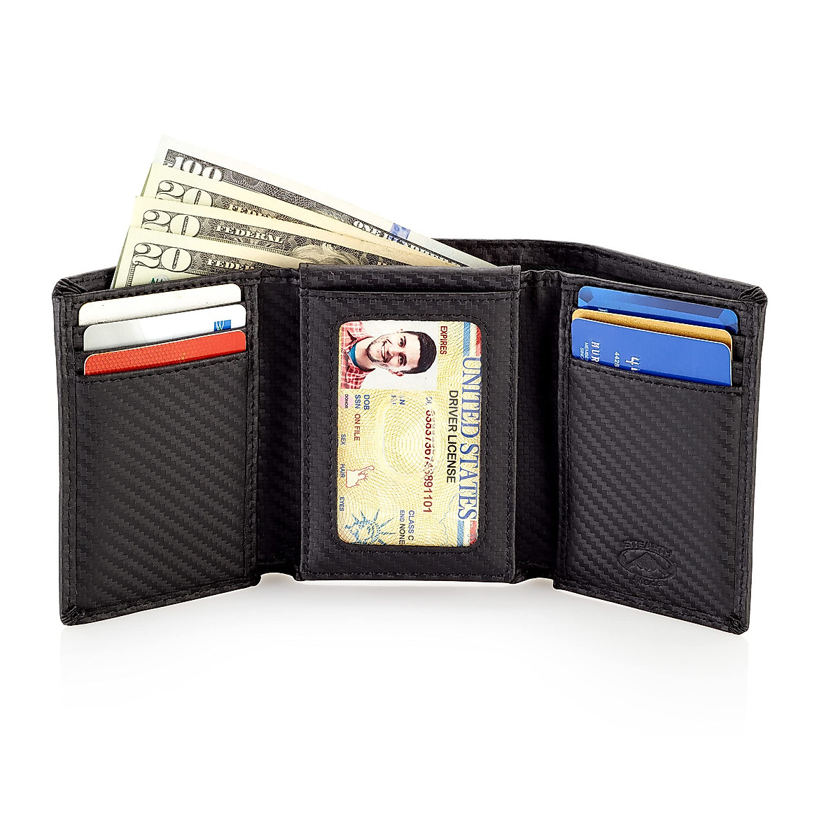 Stealth Mode Trifold Wallet - RFID Blocking Wallet with Flip ID Holder - Leather Case for Money, Credit Cards - Mens Organizer, Divided Billfold, Identity Protection - Men's Gifts (Carbon Fiber)