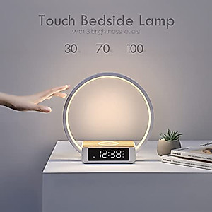 WILIT Bedside Lamp, Touch Table Lamp with Wireless Charger, Nightstand Lamp with Clock, Wake-Up Light 3 Levels Brightness LED Night Light for Bedroom, Living Room, Nightstand
