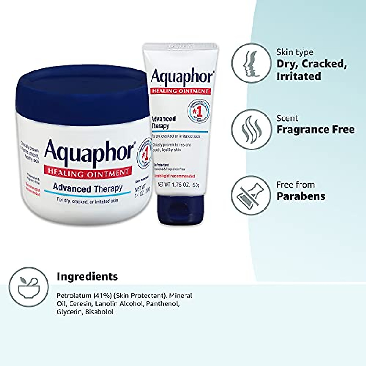 Aquaphor Healing Ointment Advanced Therapy Skin Protectant Skin Care Set, Body Moisturizer for Dry Skin, Minor Cuts and Burns, Dry Cuticles, Cracked Heels, Hands and Lips, 14 Oz Jar + 1.75 Oz Tube