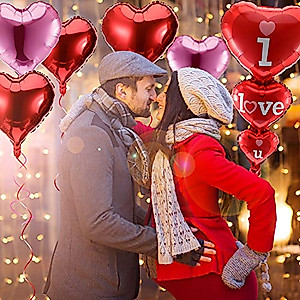 Gejoy 2 Pieces I Love You Red Heart Balloons and 20 Pieces Heart Shaped Foil Balloons with 2 Rolls Hanging Swirl Ribbon for Valentine's Day Decoration, 24 Pieces Totally